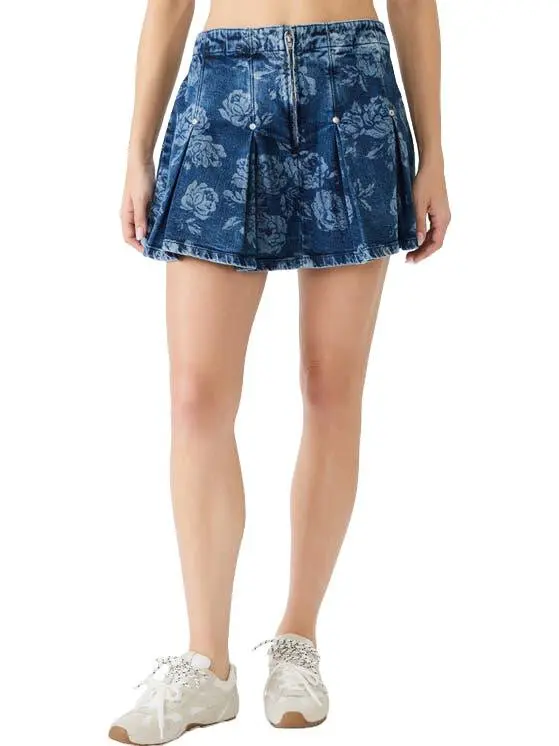 Steve Madden Floral Pleated Denim Mini Skirt - Rose Frost