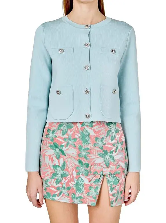 Endless Rose Rhinestone Button Cropped Cardigan - Powder Blue