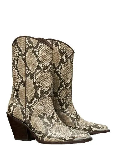 Tory Burch Western Boot - Beige Snake Print Leather