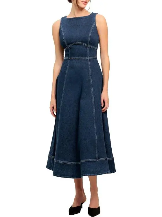 FLYING TOMATO Sleeveless Stretch Denim Midi Dress - Medium Indigo