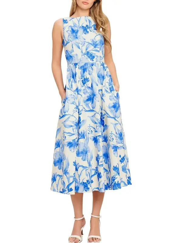 FLYING TOMATO Print Bow Twill Midi Dress - Ivory Blue