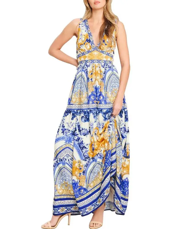 FLYING TOMATO Printed Sleeveless Maxi Dress - Off White Blue Gold