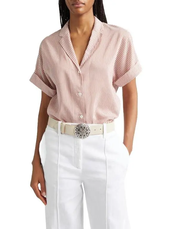 Eleventy Stripe Cotton & Silk Camp Shirt - Raspberry