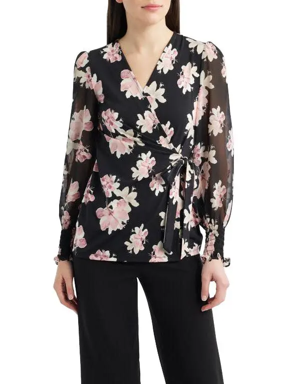 Anne Klein Floral Print Wrap Top - Anne Black Multi