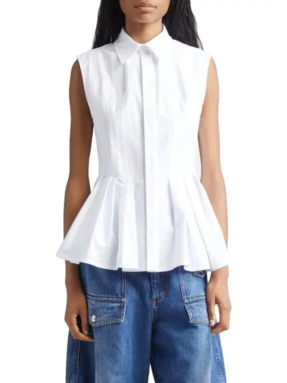 Sportmax Certosa Pleated Poplin Peplum Top - Optical White