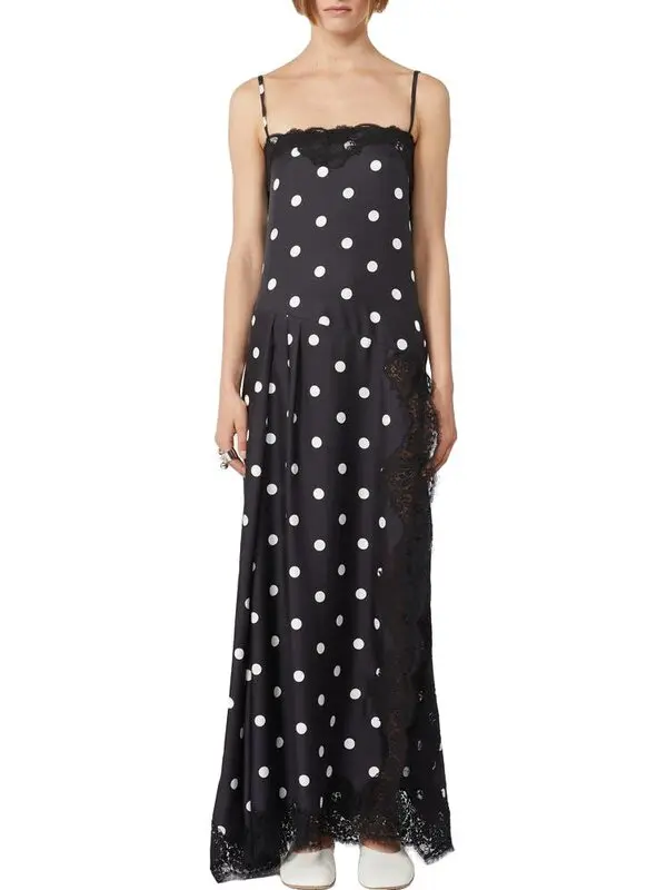 Sportmax Capo Polka Dot Lace Trim Silk Slipdress - Black