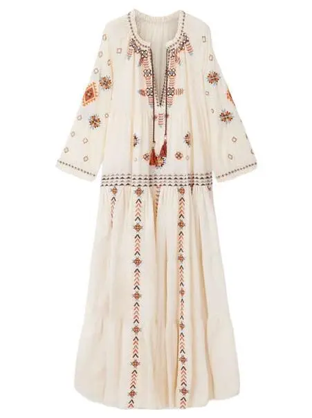 FORTELA Arsia Navajo Crochet Caftan Dress - Beige