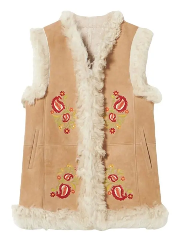 FORTELA Sheep Leather Floral Embroidery Gilet - Beige