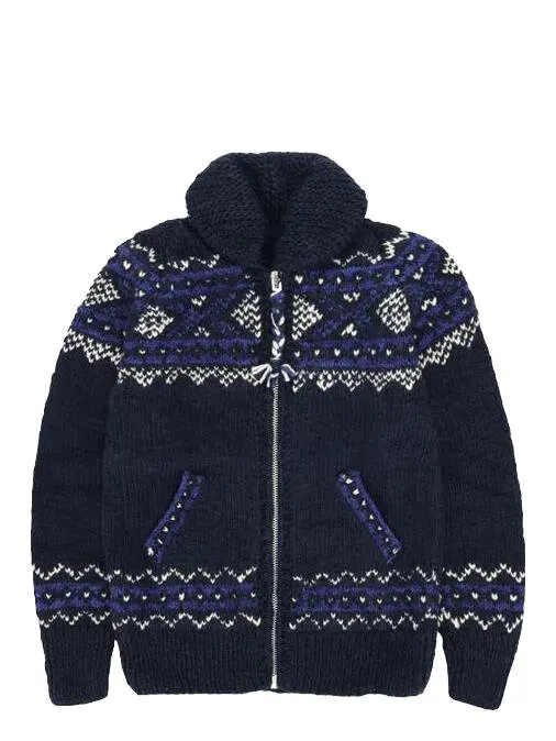 FORTELA Navajo Pattern Merino Wool Cardigan - Navy Blue