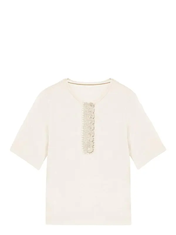 FORTELA Cotton T-shirt With Crochet Detail - Dove Grey