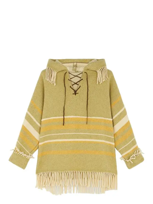 FORTELA Striped Woven Hooded Poncho - Green