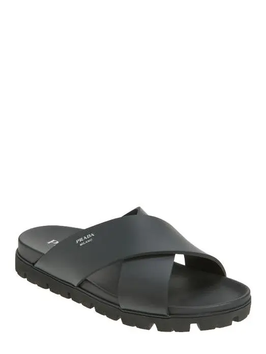 Prada Cross Strap Slide Sandal - Nero