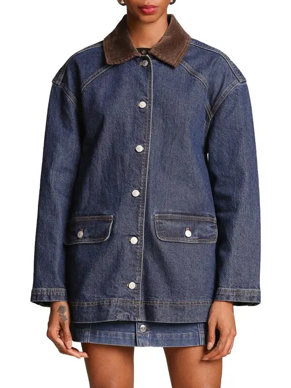 Avec Les Filles Relaxed Contrast Collar Barn Jacket - Raw Indigo