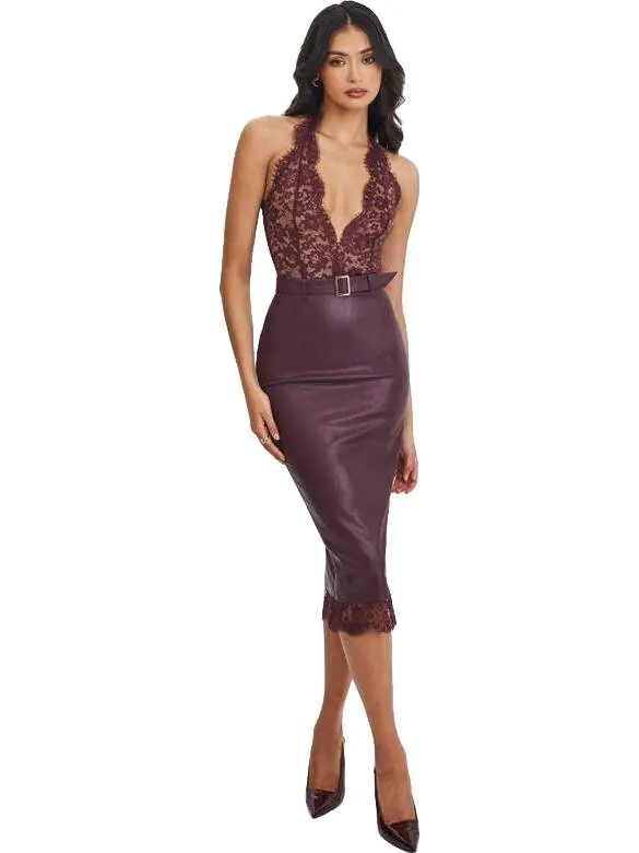 MISS CIRCLE Fiera Plunging Halter Belted Midi Dress - Mahogany