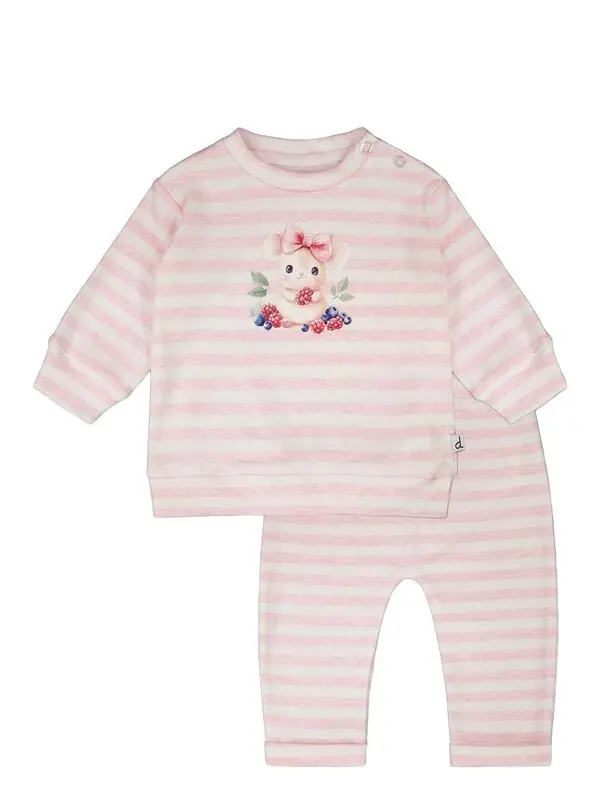 DEUX PAR DEUX Cotton Jersey Top And Pants Set - White & Pink Stripes