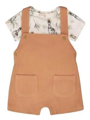 DEUX PAR DEUX Organic Cotton Jersey Bodysuit And Cotton Rib Shortall Set - Beige Zebra Print & Caramel