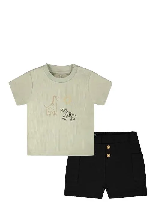 DEUX PAR DEUX Ribbed T-shirt And Jersey Short Set - Sage Green And Black