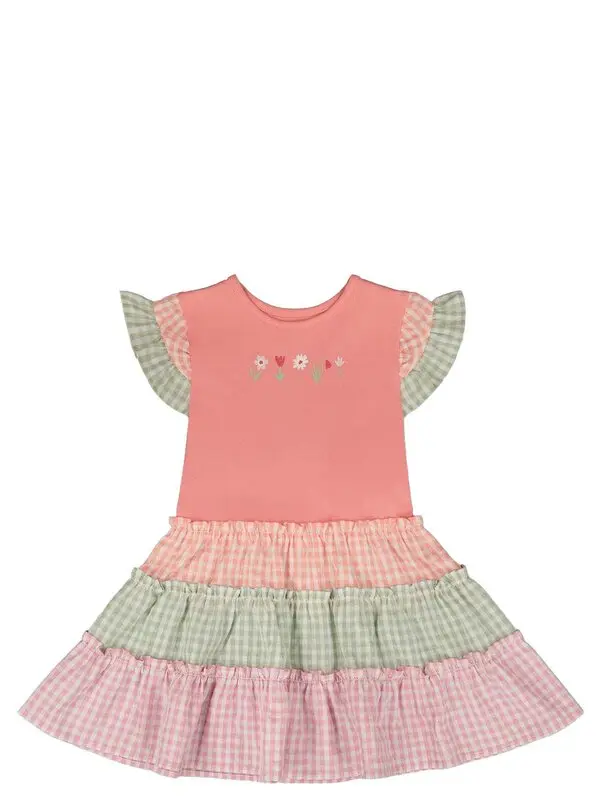 DEUX PAR DEUX Organic Cotton Bi-material Flutter Ruffles Gingham Dress - Coral & Gingham