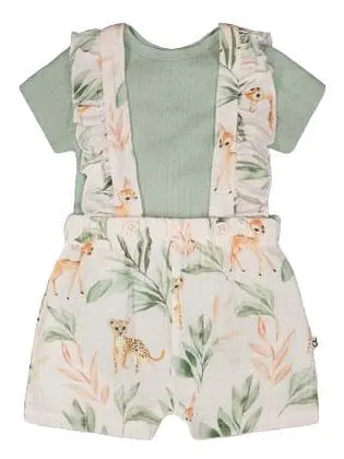DEUX PAR DEUX Pointelle Bodysuit And Cotton Muslin Printed Shortall Set - Green And Peach Deer Print