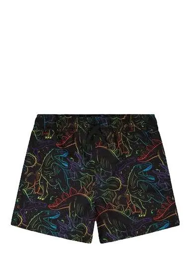 DEUX PAR DEUX Allover Dinosaur Print Swim Trunks - Black Dinosaur Print