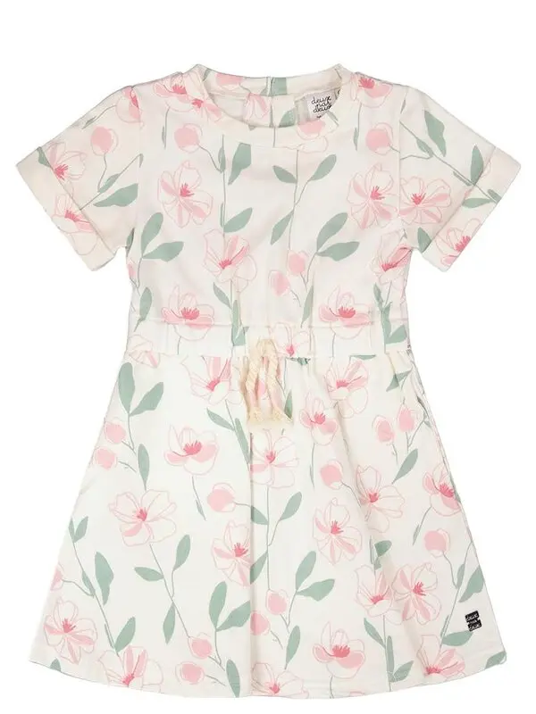 DEUX PAR DEUX French Terry Flowers Short Sleeve Dress - Off White Printed Flowers