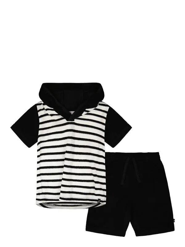 DEUX PAR DEUX Hooded Terry T-shirt With Shorts Set - Black & White Stripes