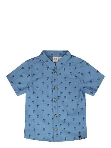 DEUX PAR DEUX Short Sleeve Palm Chambray Shirt - Blue Chambray Palm Print