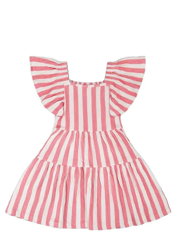 DEUX PAR DEUX Short Sleeve Crinkle Jersey Stripes Dress - White & Pink Stripes