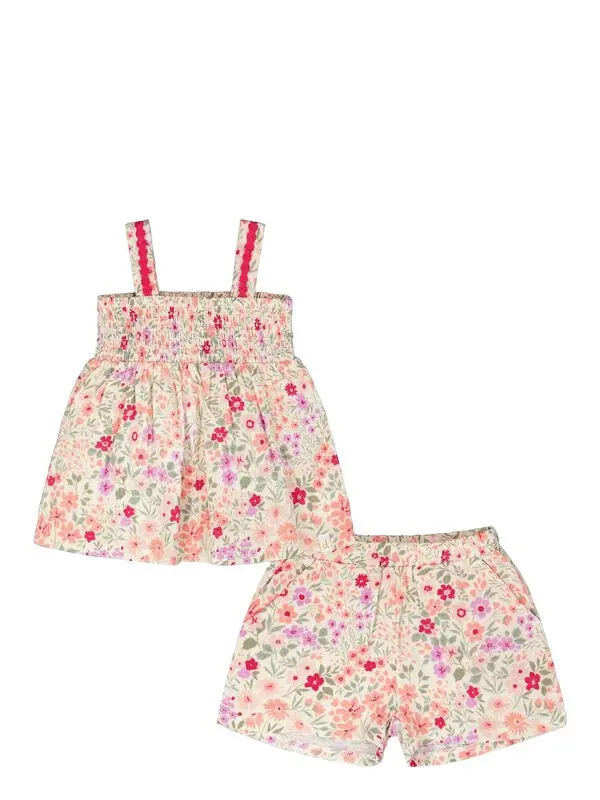 DEUX PAR DEUX Tank Top With Smocking And Floral Print Shorts Set - Off White Printed Flowers