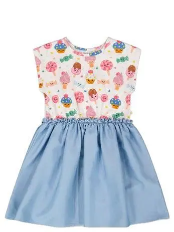 DEUX PAR DEUX Bi-material Short-sleeve Dress - White Printed With Candies