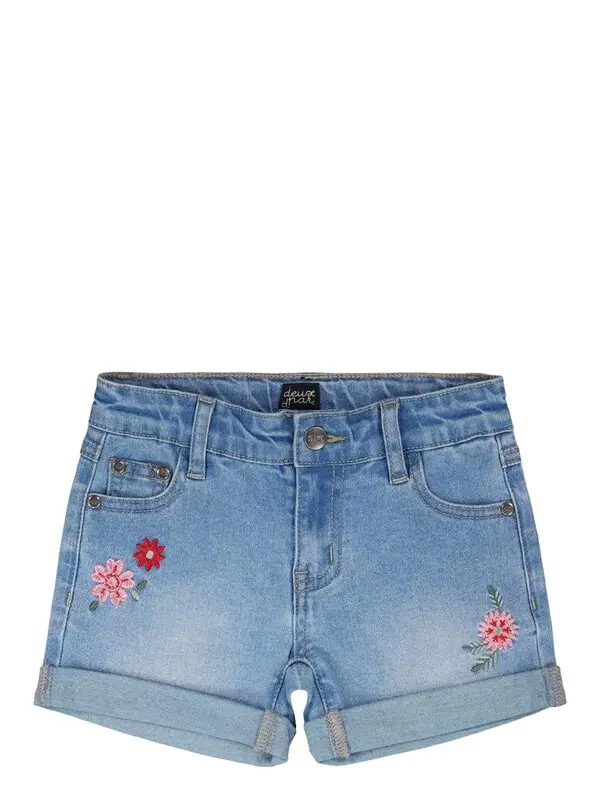DEUX PAR DEUX Floral Embroidered Denim Shorts - Light Blue Denim