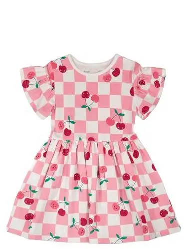 DEUX PAR DEUX Organic Cotton Jersey Cherry Dress - Pink Printed Cherries
