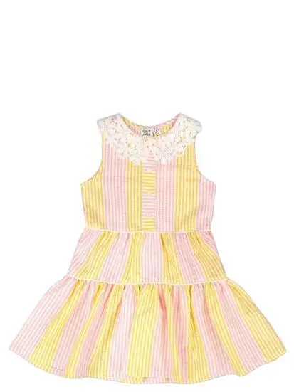 DEUX PAR DEUX Sleeveless Crochet Peter Pan Collar Stripes Dress - Pink &yellow Stripes