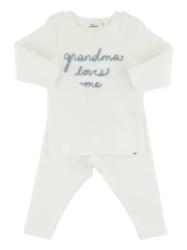 OH BABY! Grandma Loves Me Fog Embroidered Two Piece Set - Cream