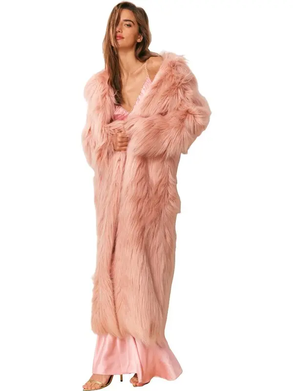 LoveShackFancy Valia Long Faux Shearling Coat - Dusty Pink