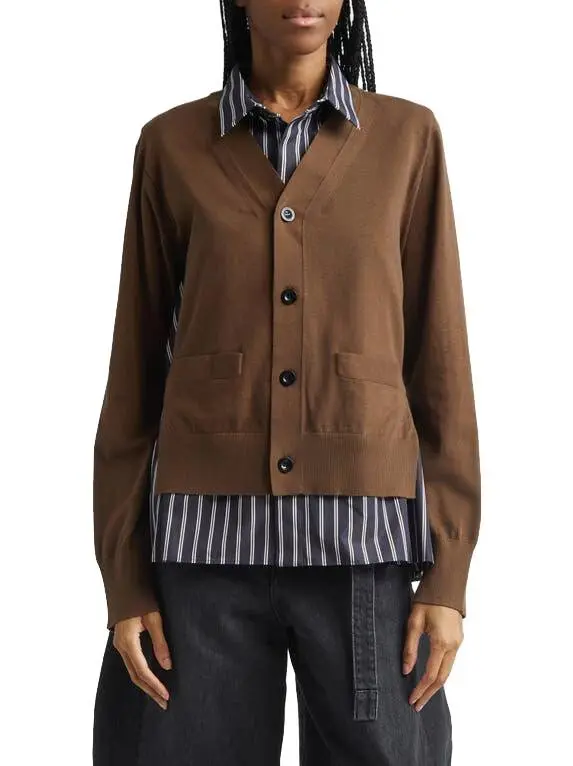 Sacai Mixed Media Poplin & Knit Cardigan - Brown/navy Stripe
