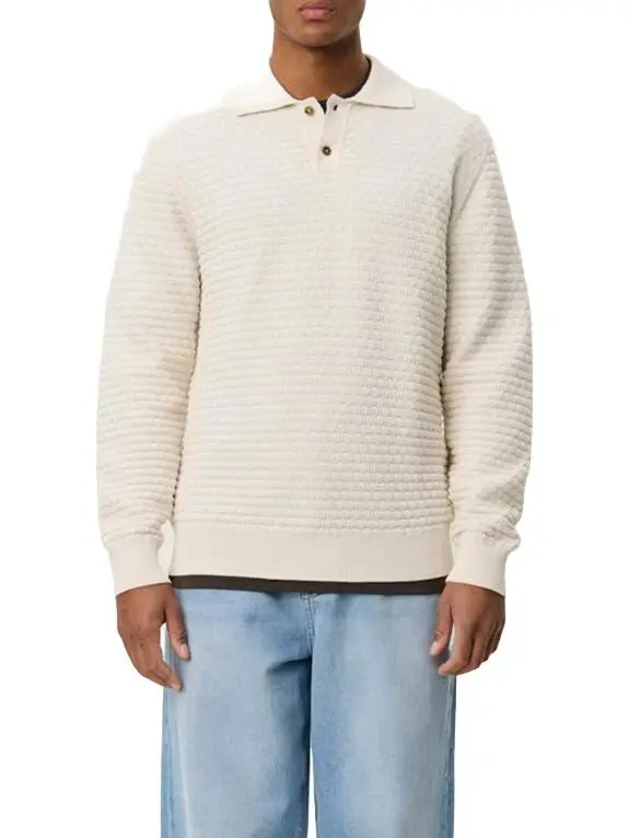LES DEUX Billy Weave Long Sleeve Polo - Light Ivory