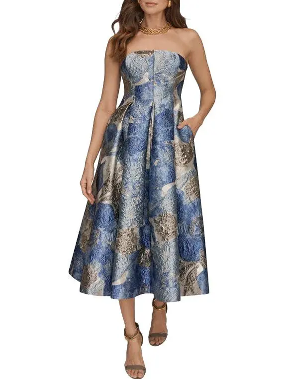 Donna Karan New York Floral Strapless Fit & Flare Midi Cocktail Dress - Washed Indigo Multi