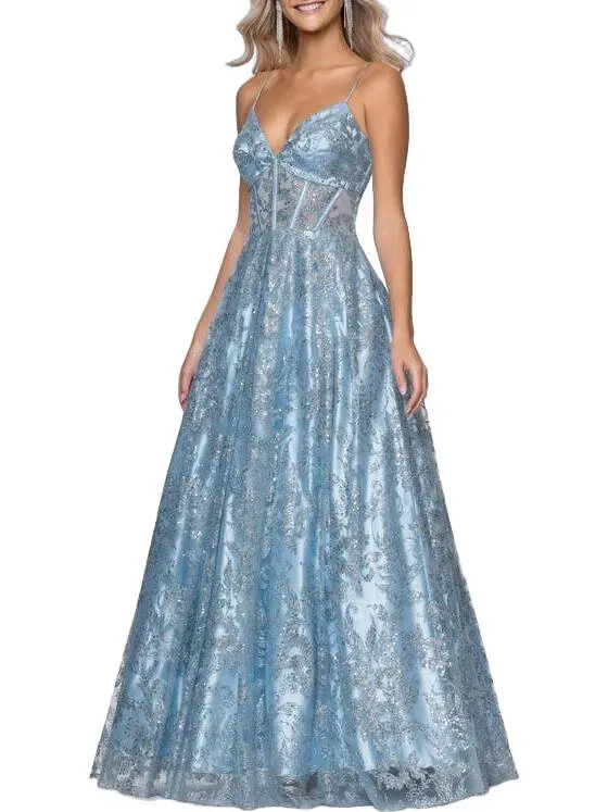 BLONDIE NITES Mesh Corset Gown - Light Blue