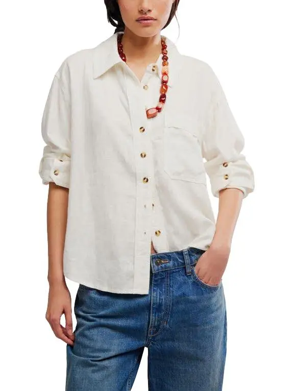 Free People Laurel Linen Blend Button-up Shirt - Clean Ivory
