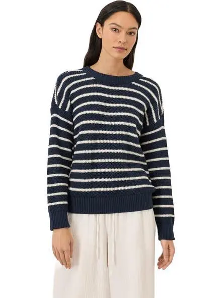 PACT Organic Cotton Shoreline Pullover Sweater - Seabreeze Stripe Navy Blue