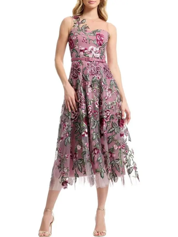 Dress The Population Floral Embroidery Cocktail Midi Dress - Blush Multi