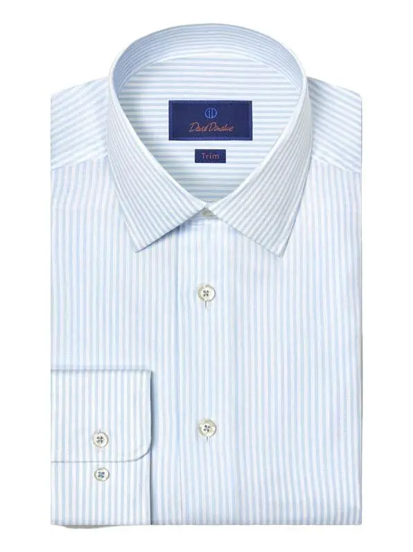 David Donahue Trim Fit Stripe Cotton & Silk Herringbone Dress Shirt - White/sky