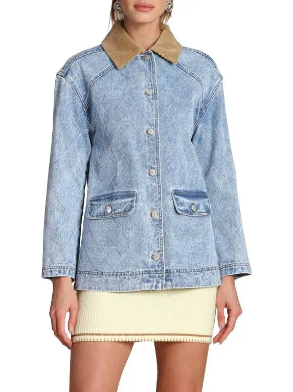 Avec Les Filles Relaxed Contrast Collar Barn Jacket - Light Wash Diamond
