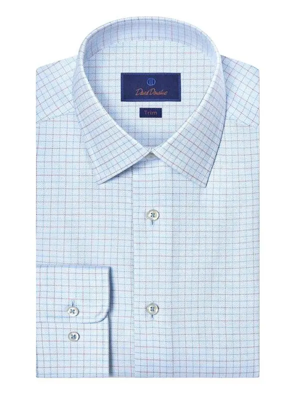David Donahue Trim Fit Light Blue Check Cotton Dobby Dress Shirt - Sky/dune
