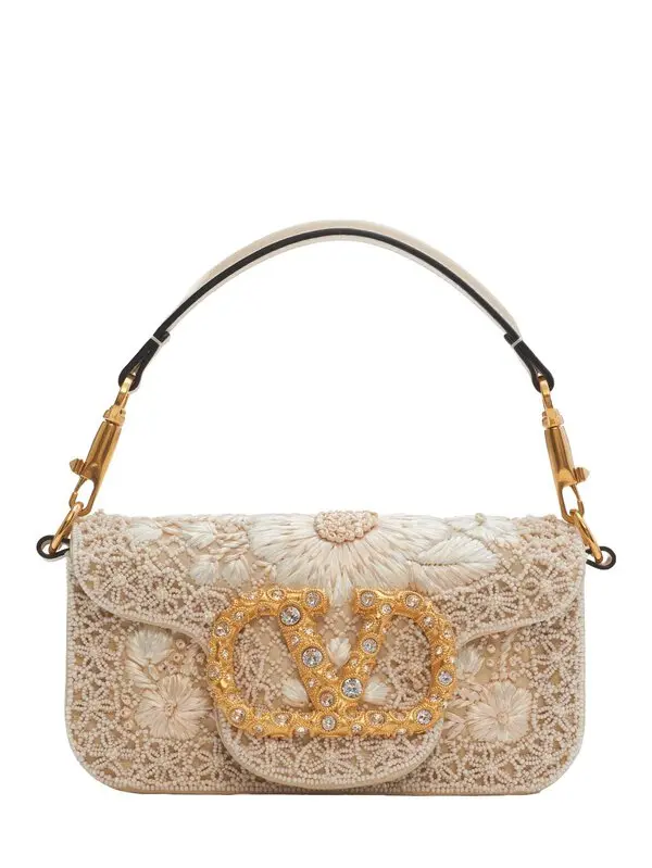 Valentino Garavani Locò Small Jewel Logo Embroidered Shoulder Bag - White/cream