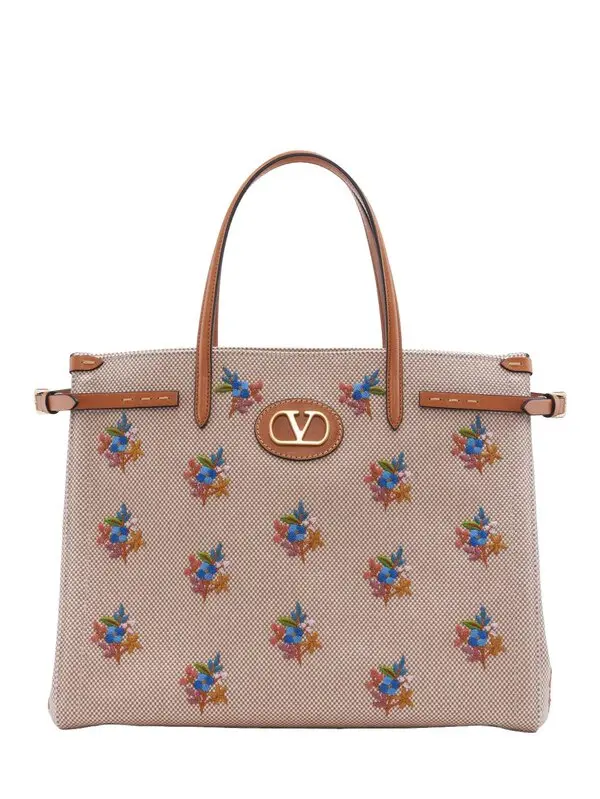 Valentino Garavani Medium Antibes Flower Embroidered Tote - Tobacco