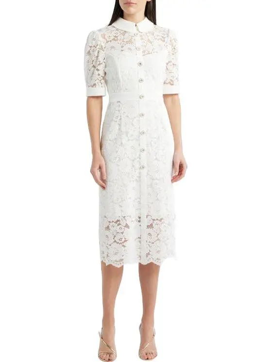 TAHARI ASL Crepe & Lace Shirtdress - Ivory