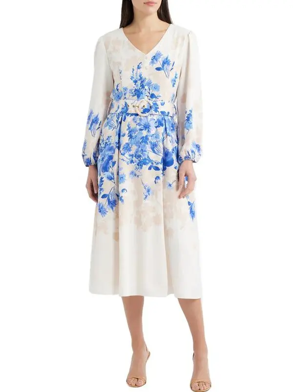 TAHARI ASL Floral Long Sleeve Belted Dress - Ivory Blue