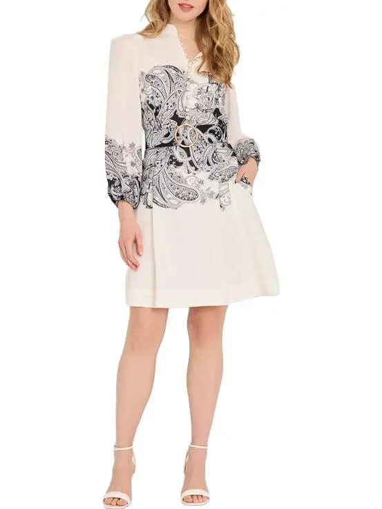 TAHARI ASL Belted Border Print Long Sleeve Dress - Ivory Black